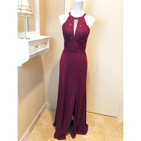 Night Way Collections | Dresses | Nightway Lace Halter Gown Merlot ...